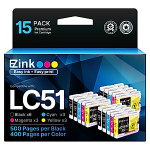 E-Z Ink (TM Compatible Ink Cartridge Replacement for Brother LC51 LC-51 LC51BK LC51C LC51M LC51Y Compatible with MFC-440CN MFC-465CN MFC-665CW Printer (6 Black, 3 Cyan, 3 Magenta, 3 Yellow) 15 Pack