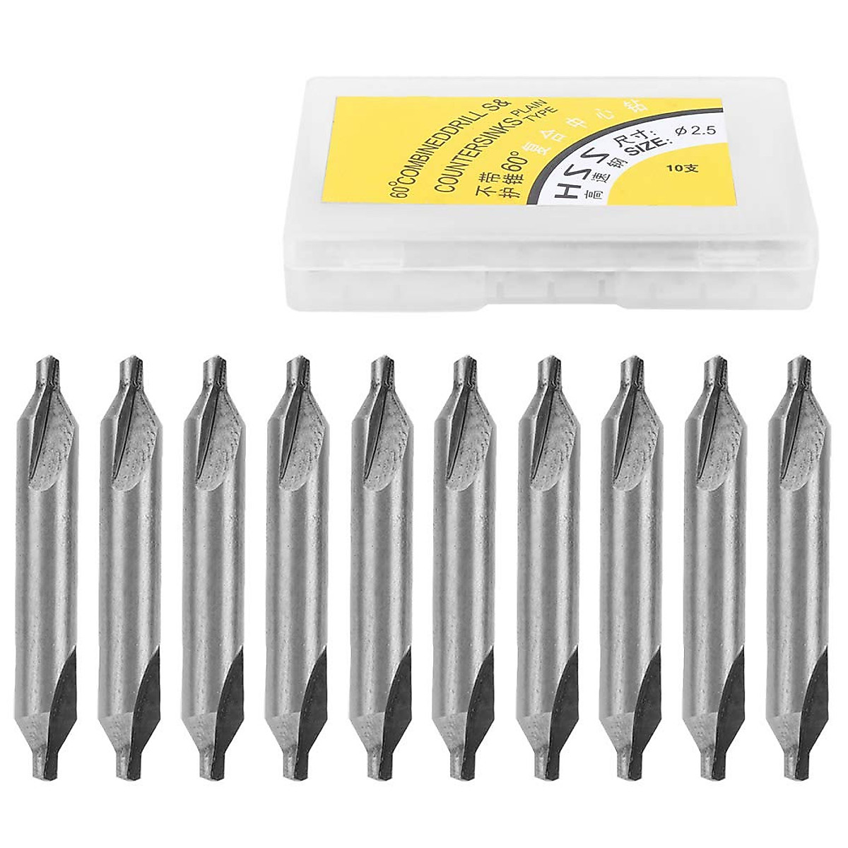 10Pcs Center Drill Bit Set, 2.5mm Countersink Lathe Bit High Speed Steel 4341 Straight Shank Drilling Tools