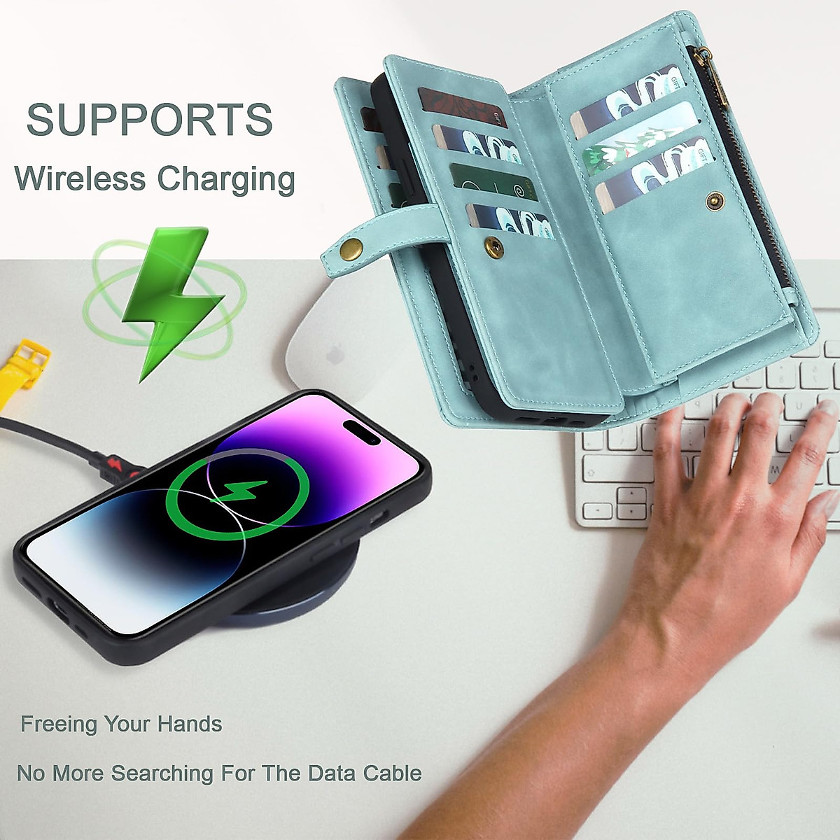 TwoHead Wallet Case Compatible with iPhone 15 Pro Max,Detachable Magnetic Phone Case,All-Round Shockproof Protective Leather Phone Case with Card Holder,6.7 in,Blue