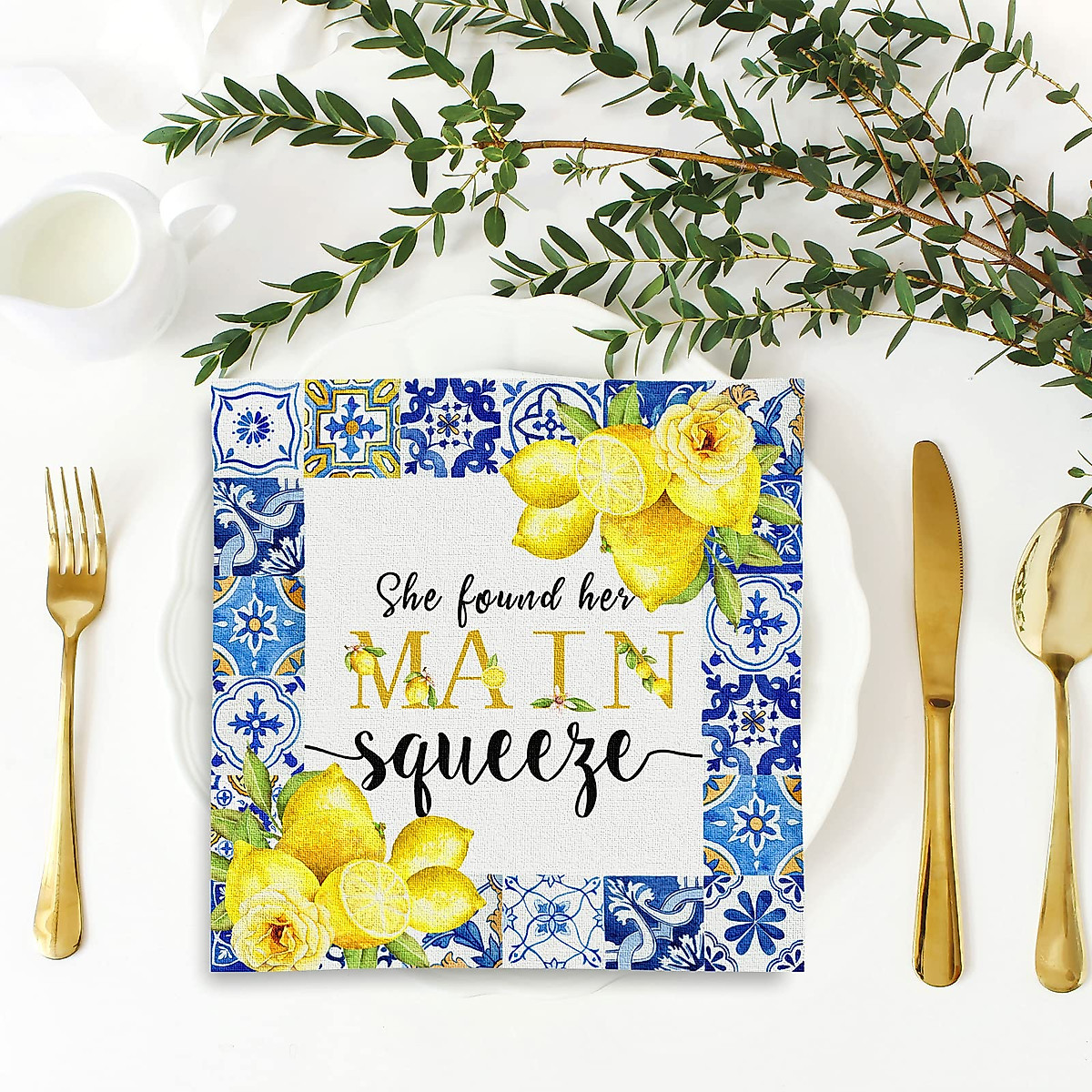 AnyDesign 80 Pack Lemon Luncheon Napkins Disposable She Found Her Main Squeeze Paper Decorative Napkins Blue Tiles Print Dessert Dinner Hand Napkin for Buffet Party Supplies Decoration, 6.5 x 6.5 In