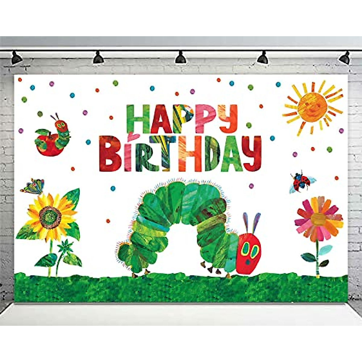 Cartoon Very Hungry Little Green Caterpillar Happy Birthday Banner Kid Reading Story Insects Theme Decor Decorations for 1st Birthday Party Baby Shower Supplies Backdrop Photo Studio Booth Props
