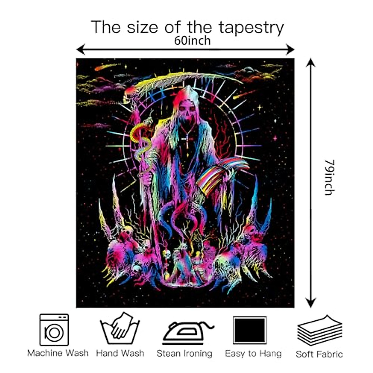 Blacklight Skull Tapestry for Bedroom, Hippie Grim Reaper and Skeleton Posters Wall Hanging for Men Room Decor, Large Black Light Cool Gothic Tapestries for Men Living Room Dorm Decor (60in x 79in)