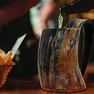 Eleet Original Viking Drinking Horn Mug - 20 Oz Wood Base Extra Large Medieval Inspired Cup Unpolished Natural & Real Horn Tankard (20 Oz Jumbo Unpolished)