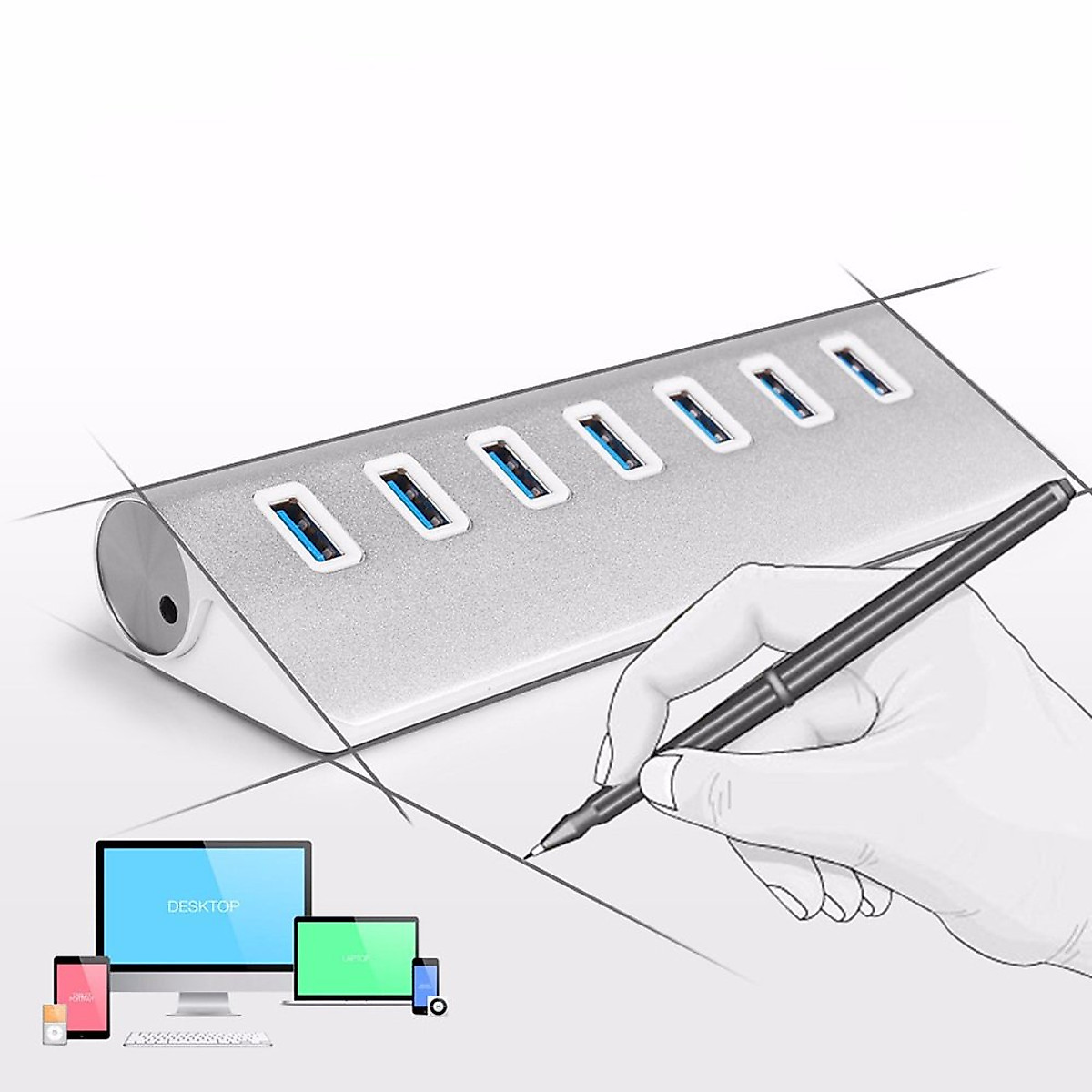 High Speed USB 2.0 Hub Premium 7-Port Portable Aluminum Hub with 60cm USB 2.0 Cable for iMac, MacBooks, PCs and Laptops