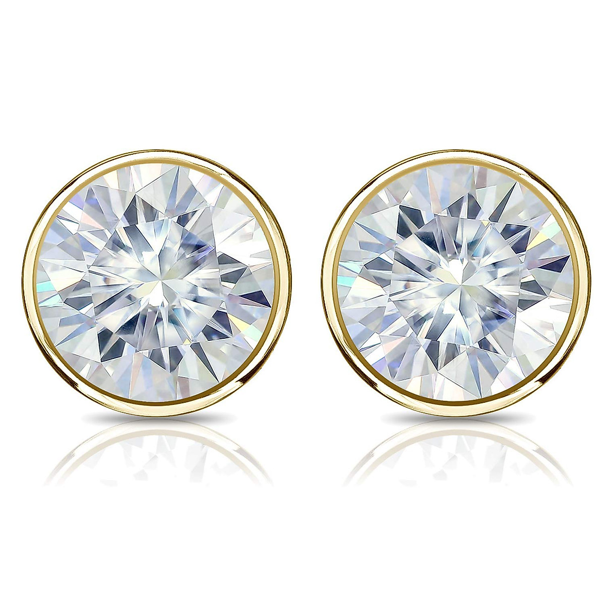 Diamond Wish 1 Carat Moissanite Round Stud Earrings in 14k Yellow Gold (J-K, 5 mm, TGW) Bezel Set Screw Back