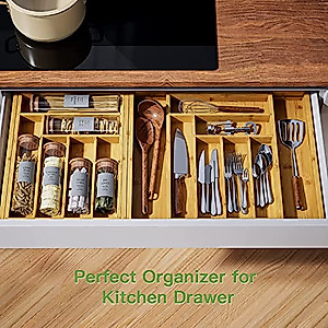 Bamboo Expandable Drawer Organizer for Utensils Holder, Adjustable Cutlery Tray, Wood Drawer Dividers Organizer for Silverware, Flatware, Knives in Kitchen, Bedroom, Living Room by Sensil Home