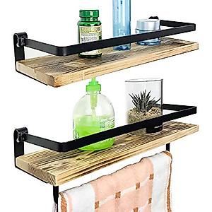 MY RUSTIC Floating Shelves for Wall Mounted with Rails Decorative Storage Shelves for Kitchen, Bathroom, Matte Black Metal Frame - Set of 2