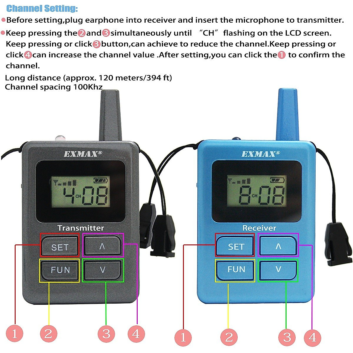EXMAX ELGT-470 UHF 100 Channels Wireless Audio Transmission Church Translation System Simultaneous Interpreting Equipment Microphone Assisted Listening for Teaching Travel (1 Transmitter & 1 Receiver)