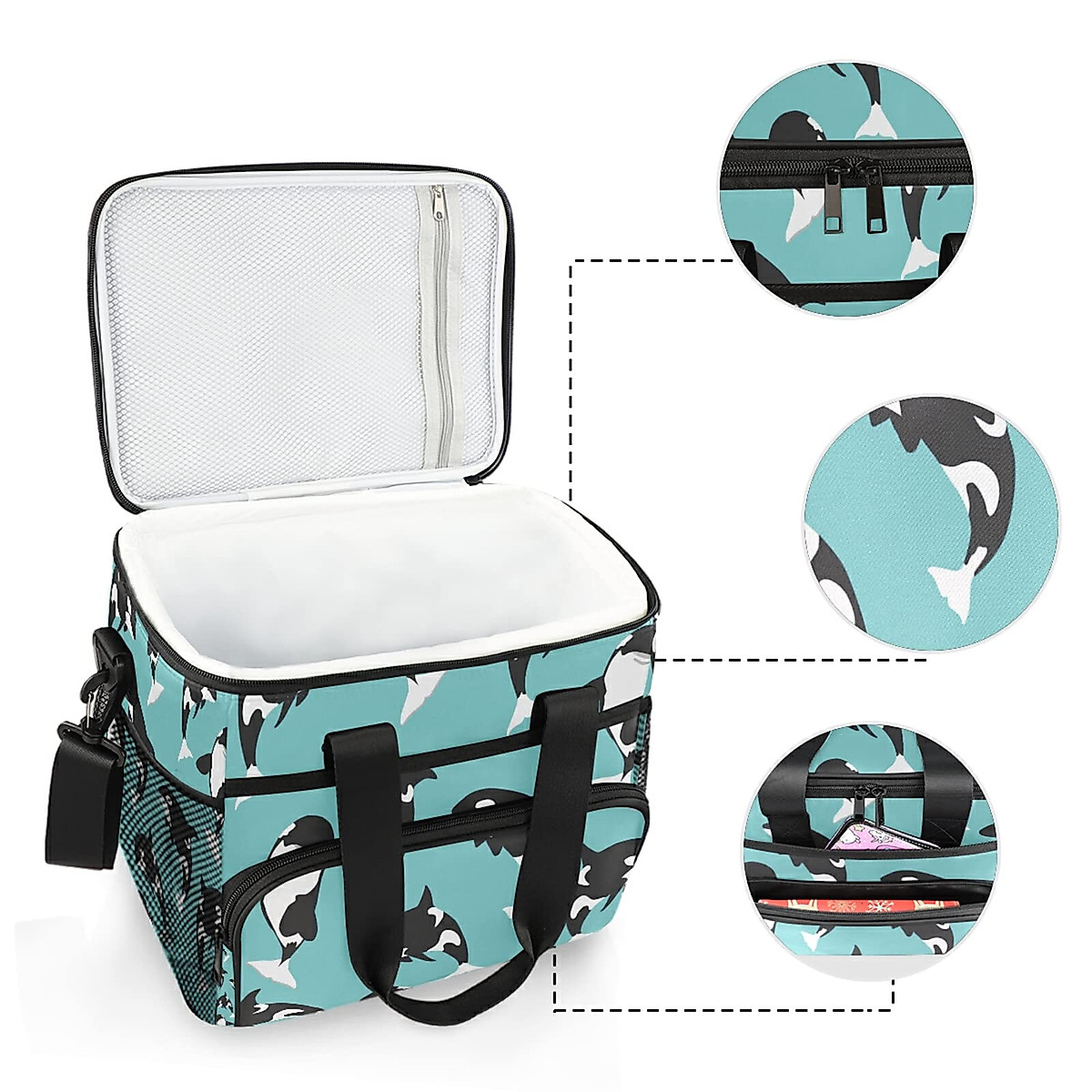 WELLDAY Lunch Bag Killer Whale Pattern Insulated Cooler Reusable Lunch Box with Shoulder Strap for Picnic Hiking