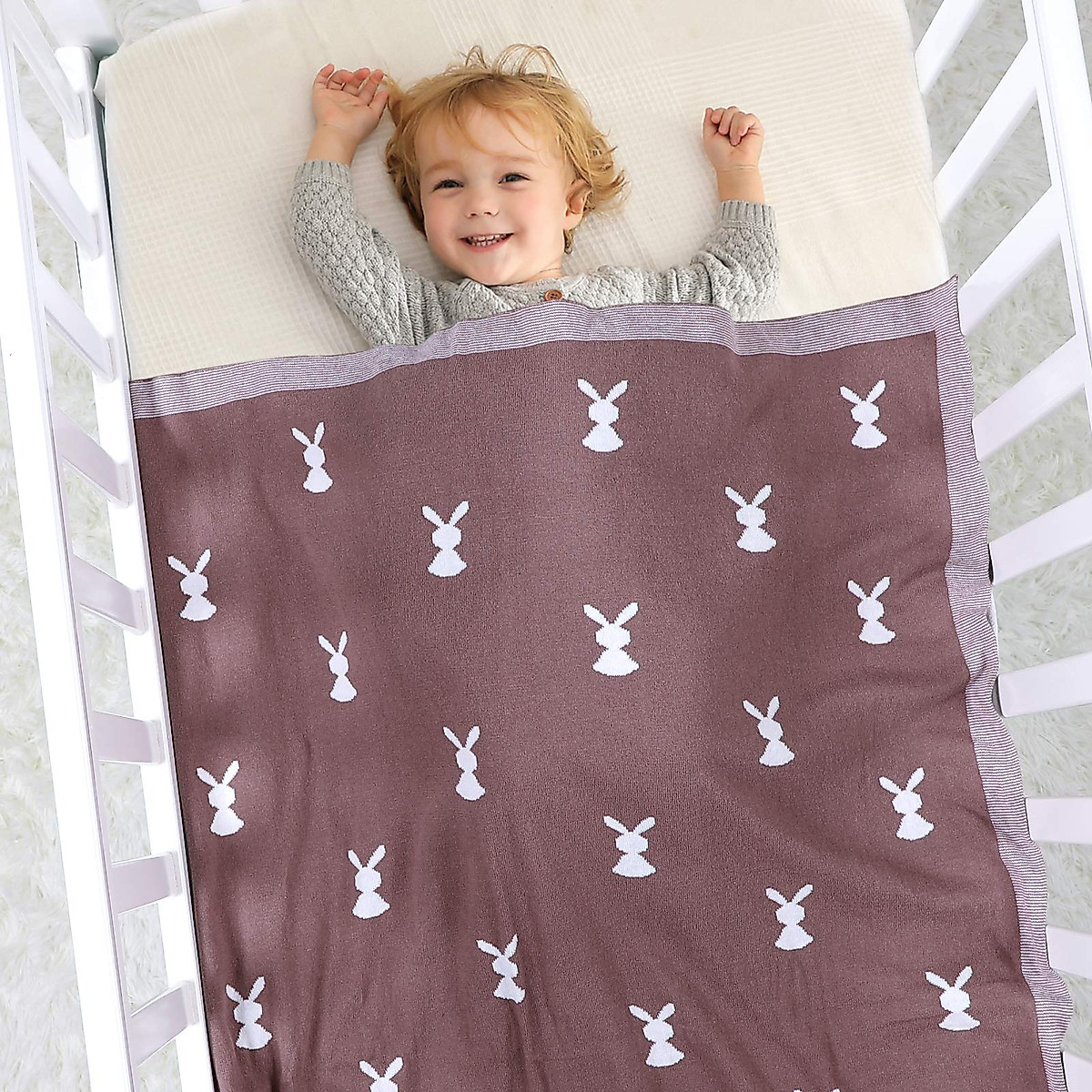 LAWKUL Baby Wrap Blanket Soft 100% Cotton Baby Blanket Knit Crib Receiving Blanket with Bunny Pattern Swaddle Cute Blanket for Babies Boy and Girl in Easter Size 40 * 30 Inches