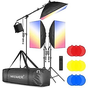 Neewer 3-Pack 2.4G LED Softbox Lighting Kit with Color Filter: 20"x28" Softbox, 3200-5600K 48W Dimmable LED Light Head with 2.4G Remote, Light Stand, Boom Arm, Bag for Photo Studio Video Shooting