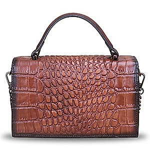 Genuine Leather Handbags for Women Retro Handmade Small Satchel Purse Luxury Top Handle Real Leather Embossed Design Crossbody Bag (Coffee)