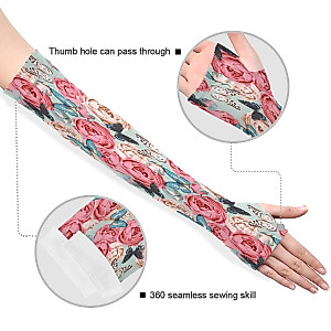 WELLDAY Peony Flower Butterfly Gardening Sleeves with Thumb Hole UV Sun Protection Farm Sleeves for Women Men