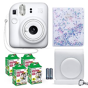 Fujifilm Instax Mini 12 Instant Camera Clay White + Fuji Film Value Pack (40 Sheets) + Shutter Accessories Bundle, Incl. Compatible Carrying Case, Quicksand Beads Photo Album 64 Pockets