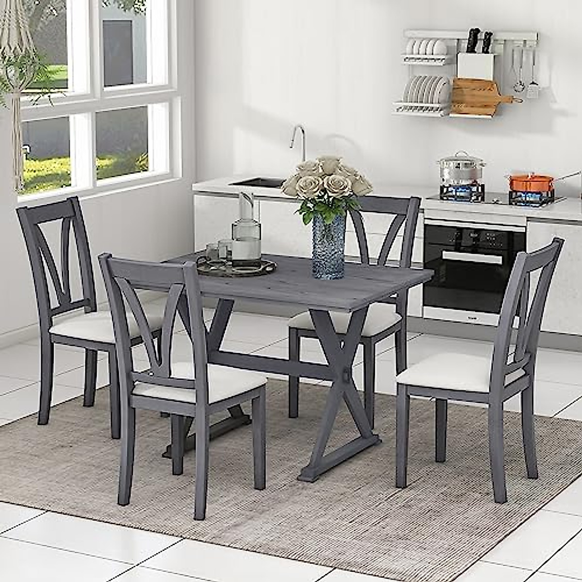 Harper & Bright Designs 5-Piece Dining Table Set with 4 Upholstered Dining Chairs, Solid Wood Dining Furniture Set for Small Place, Kitchen, Dining Room, Antique Grey