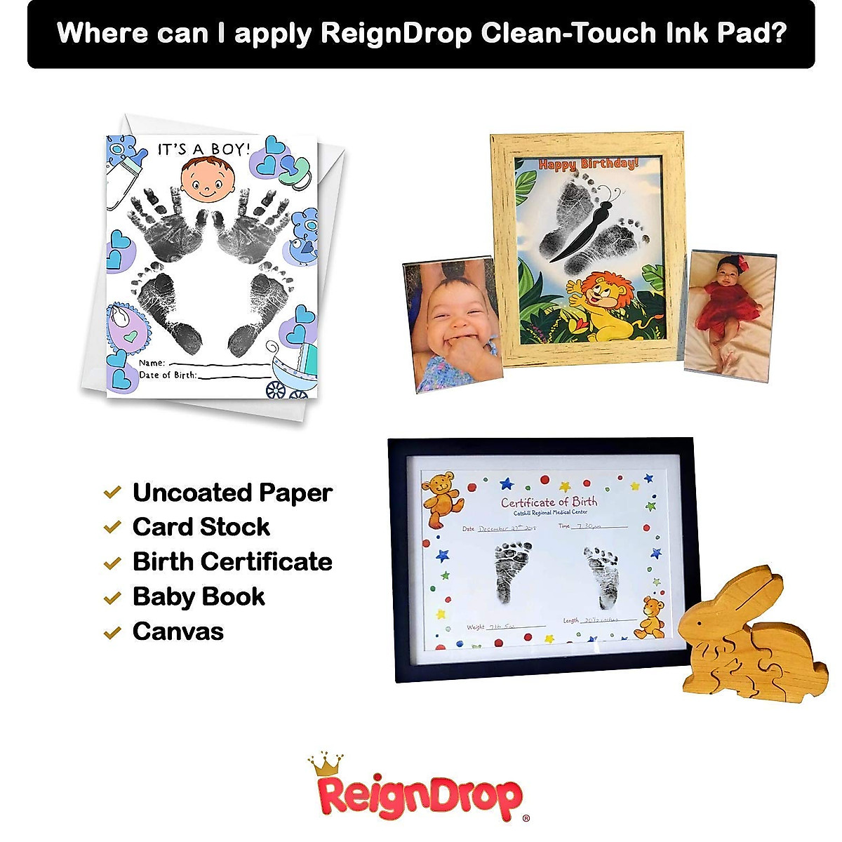 Inkless Large Clean Touch Ink Pad Kit for Baby Footprint, Handprint & Pet Paw Print - No Ink Mess, Clear Print, Smudge Resistant, Long Lasting, Baby Safe, Includes 2 Cardstock(Clean-Touch - Black)