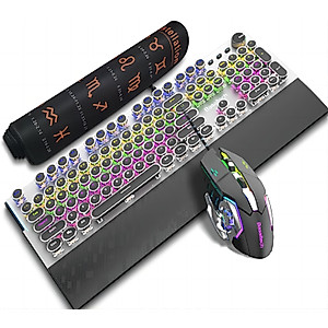 Basaltech Typewriter Style Mechanical Keyboard and Mouse Combo, Gaming Keyboard with Collapsible Wrist Rest, RGB Backlight Blue Switch Metal Penal, Round Keycaps Keyboard for PC