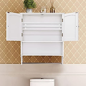 Iwell Wall Bathroom Cabinet with 2 Shelf & Towels Bar, Medicine Cabinet with 2 Doors for Bathroom, Wall Mount Bathroom Cabinet, Over The Toilet Space Saver Storage Cabinet, White