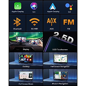 LAMTTO Portable Wireless Car Stereo Apple Carplay with Airplay, 7" HD Touch Screen Android Auto for Cars, Car Radio Receiver with Bluetooth, FM, AUX, Voice Control, GPS Navigation for All Vehicles