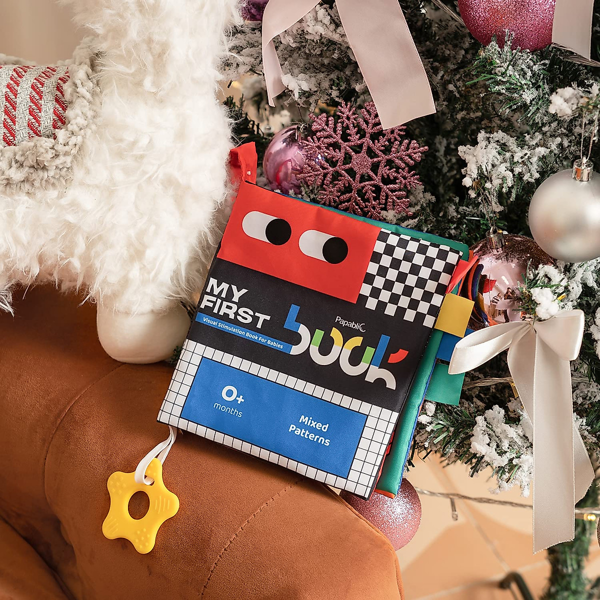 Papablic Luxury Baby Soft Book with Teether, High Contrast Black and White Crinkle Book for Early Education, Tummy Time Toys for Babies 0-12 Months with Baby Safe Mirror, Crinkle Pages and Squeaker