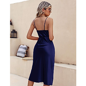 Ekouaer Women's Nightgown Chemise Silk Sleeveless Sleepwear Satin Midi Dress Elegant Satin Slip Dress Navy