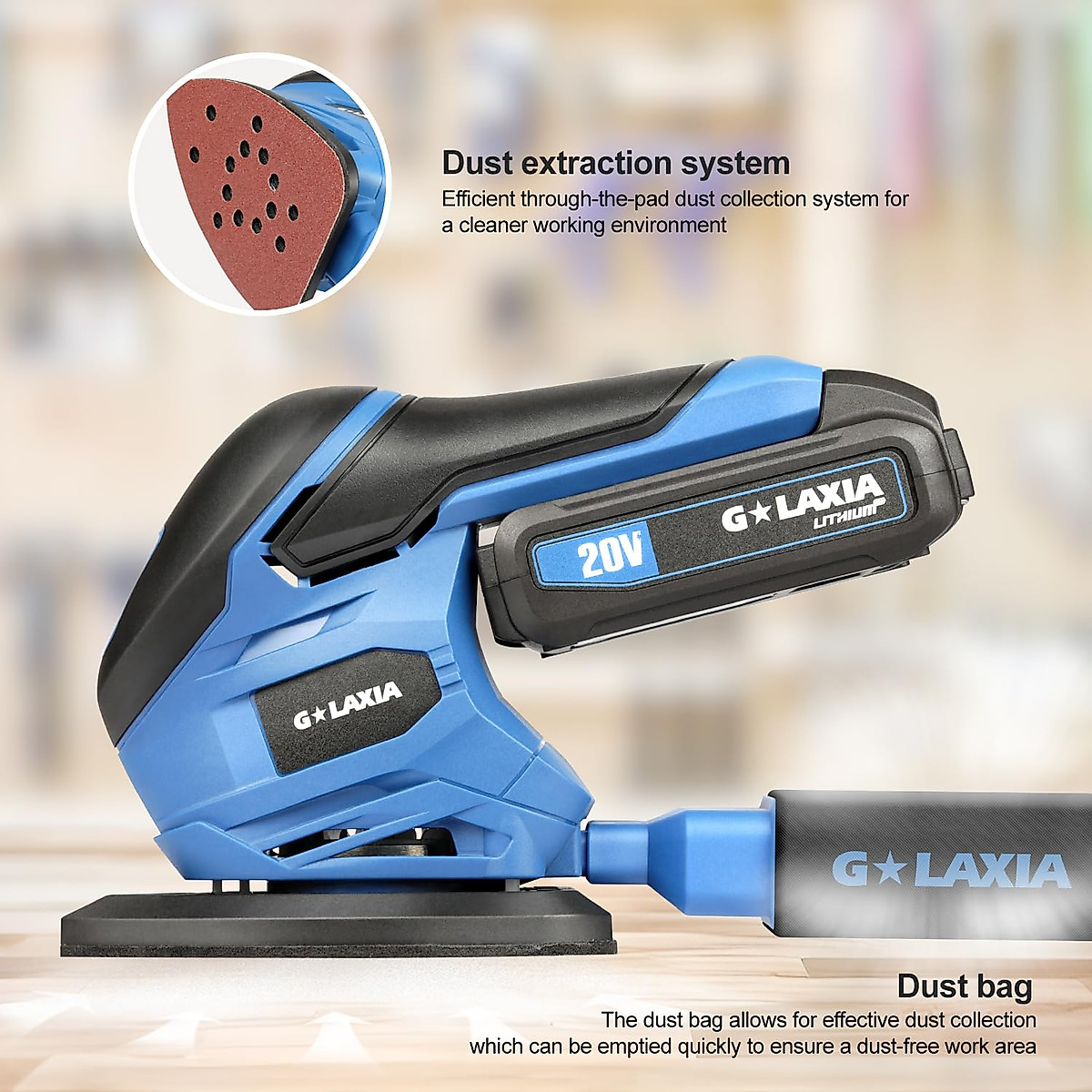 G LAXIA Detail Sander, 20V Cordless Electric Sander with 20Pcs Sandpapers, 12000 OPM Hand Held Sanders with Dust Bag for Woodworking