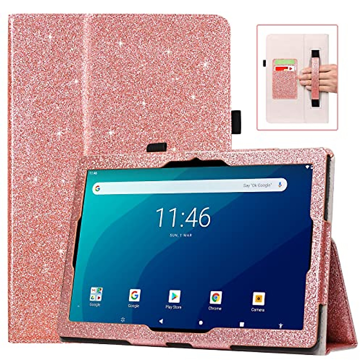 DMLuna Case for Onn 10.1 Tablet Pro (Model:100003562) ONLY (NOT FIT ONN 10.1 Tablet Model: 100011886 / ONA19TB003), Folio PU Leather Stand Case with Hand Strap Card Holder, Glitter Rose Gold