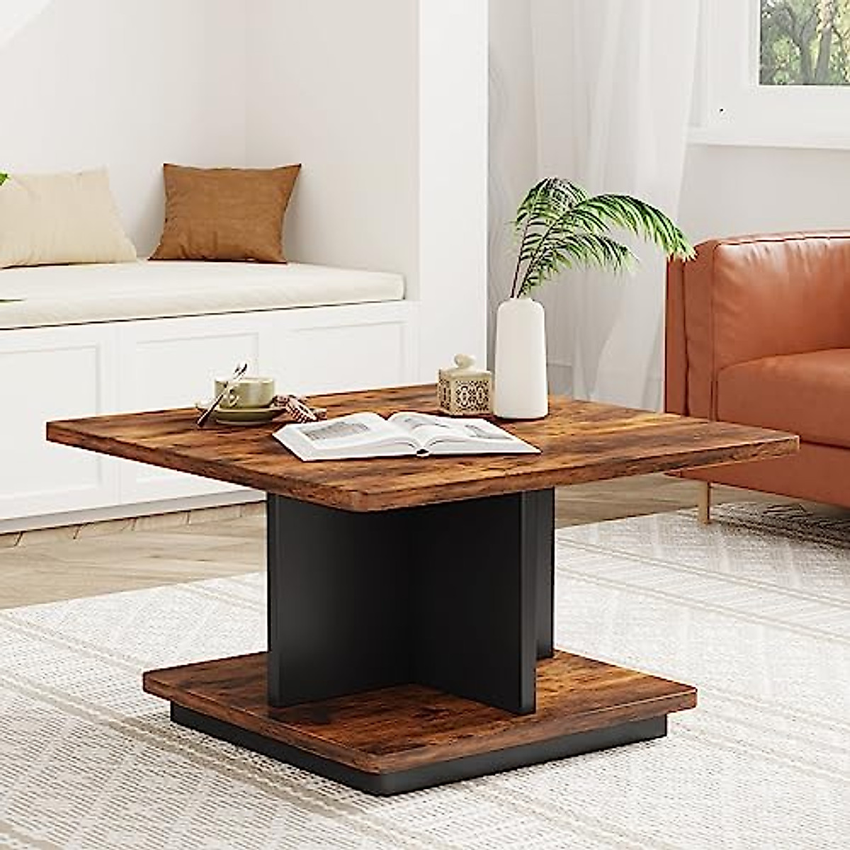 Tribesigns Wood Square Coffee Table: 31.5 Inches 2 Tiers Farmhouse Coffee Table, Wooden Rustic Coffee Table with Storage, Mid Centry Modern Home Furniture for Living Room, Brown