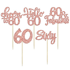 30Pcs Happy 60th Birthday Cupcake Toppers Rose Gold Glitter Sixty Cake Toppers Cheers to 60 Years Old Birthday Cupcake Picks for 60th Birthday Anniversary Party Cake Decorations Supplies