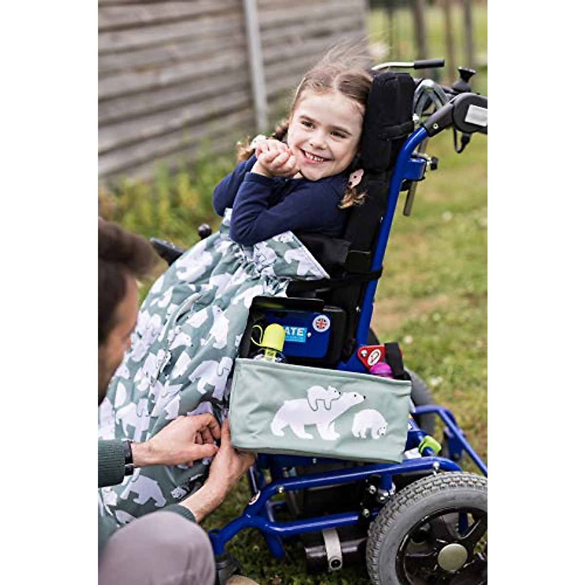 Wheelchair Organizer - Fits Handles of Any Wheelchair, Special Needs Buggy, Rollator or Mobility Scooter – Wheelchair Cup Holder – Cell Phone Pocket - Lots of Storage (Gray-Green Polar Bear)