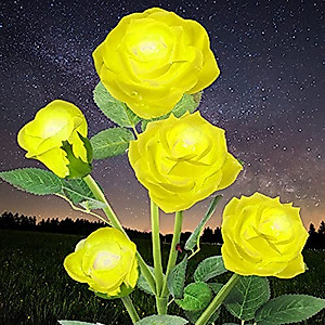 JORETLE Outdoor Solar Flower Lights Solar Rose Lights Solar Lights Outdoor Decorative with 5 Rose Flowers Suitable for Garden, Courtyard, Backyard Decoration, Waterproof （Yellow）