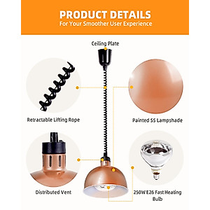 Hanging Food Heat Lamp: Commercial Food Warmer Hanging Heating Lamps with Infrared Bulb Warming Lamp for Food Service Restaurant Buffet, Height Adjustable (Dia.29cm/11.4in), Painted Copper