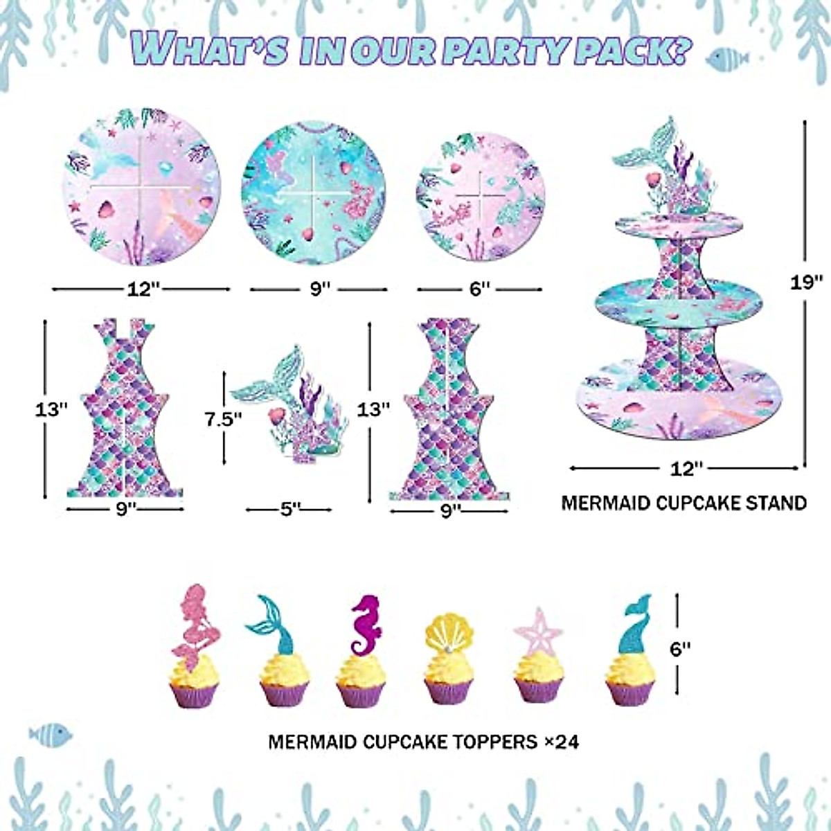 25 PCs Mermaid Cupcake Stand 3-Tier and Mermaid Cupcake Topper Set, Fiesec Mermaid Birthday Supplies Dessert Tower Holder Round Serving Stand Holder for Girls Under The Sea Starfish Seahorse Seashell