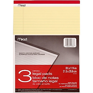 Mead Legal Pad Writing Pads, Wide Ruled, Great for Use as Home Office Supplies, Memo Pads, Note Pads, or Steno Pads, 8-1/2" x 11-3/4", 50 Sheets, Letter Writing Canary Paper, 3 Pack (59386),canary yellow
