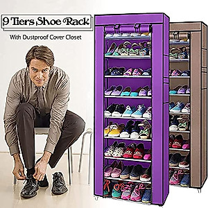 Mekek Shoe Rack Closet, Non-Woven 9 Tier Shoe Rack Shoe Shelf Storage Closet Organizer Cabinet (Purple)