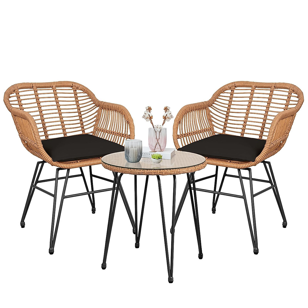HOMEZILLIONS 3 Piece Outdoor Wicker Furniture Bistro Set, Rattan Chairs Conversation Sets Porch Furniture, Wicker Patio Furniture for Balcony Poolside Backyard
