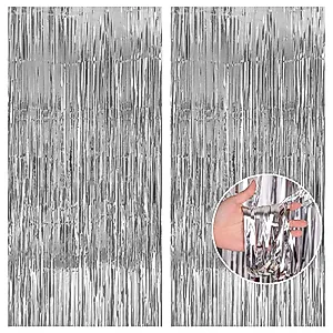 2 Pack 3.2ft x 8.2ft Foil Fringe Curtain Backdrop Metallic Tinsel Foil Fringe Curtains Party Decorations Silver Tinsel Streamer Backdrop Photo Booth Props for Birthday Graduation Baby Shower Wedding