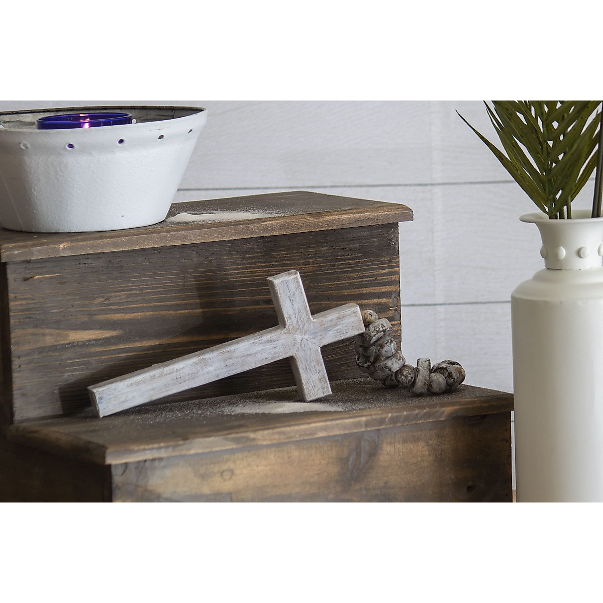 Foreside Home & Garden White Brushed Wood Cross with Beaded Hanger Wall Décor