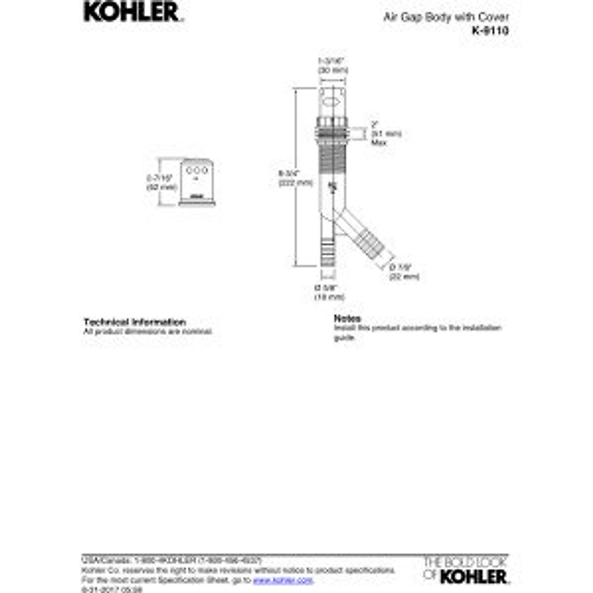 KOHLER K-9110-BN Air Gap Body with Cover, Vibrant Brushed Nickel