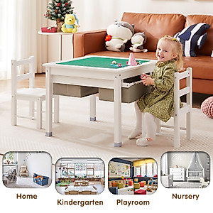 Onirw 3 in 1 Kids Table and 2 Chairs Set with Storage Drawers, Toddler Construction Play Table with Detachable Blocks and Blackboard Tabletop, Compatible with Lego and Duplo Bricks (White)