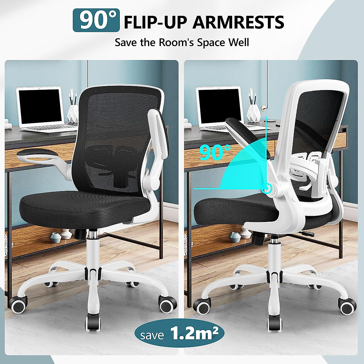 MINLOVE Office Chair Ergonomic Desk Chair with Adjustable Lumbar Support and Height, 90° Flip-up Armrests, Ergo Desk Chairs with Wheels, 360° Swivel Mesh Chair, Home Work Use (White)