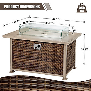 GYUTEI 50in Outdoor Propane Gas Fire Pit Table with Glass Wind Guard,50,000 BTU Rectangle Firepit w/CSA Certification,Aluminum Tabletop for Garden Patio(Grey)