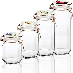 Circleware Vegetable Decal Glass Canisters Shaped with Ceramic Lids, Set of 4 Kitchen Glassware Food Beverage Preserving Containers for Coffee, Sugar, Tea, Spices, Cereal, 66 oz, 49 oz, 30 oz, 22 oz