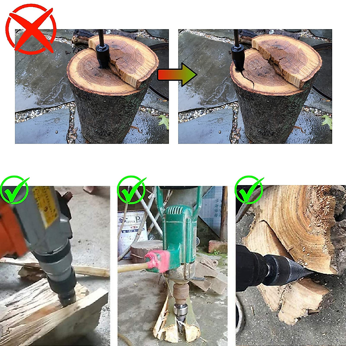 HENGZHE Firewood Log Splitter, 3pcs Drill Bit Removable Cones Kindling Wood Splitting logs bits Heavy Duty Electric Drills Screw Cone Driver Hex + Square + Round 32mm/1.26inch