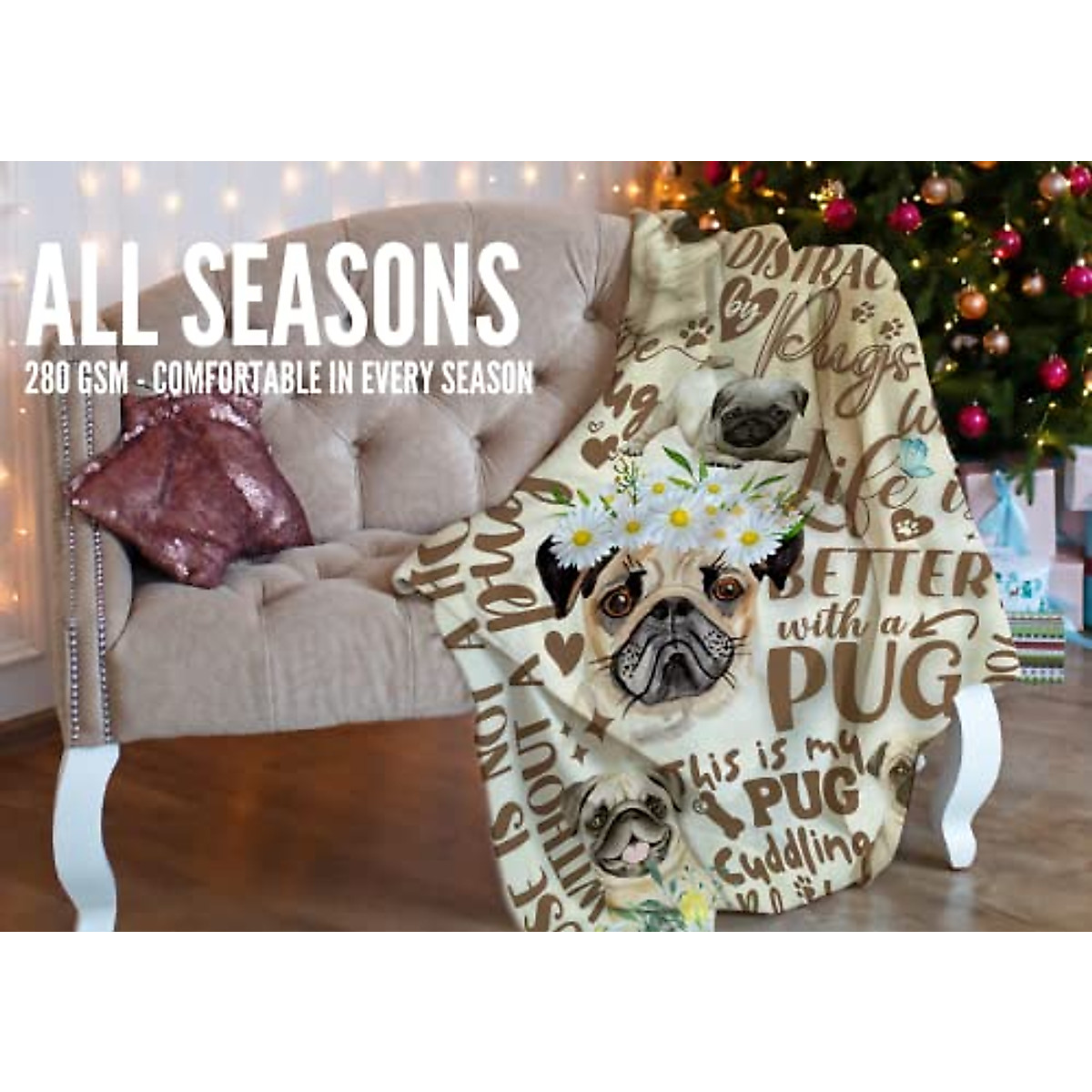 Pug Gifts for Pug Lovers, Pug Flannel Blanket for Pug Lovers, Soft Throw Blanket 50"x 65"