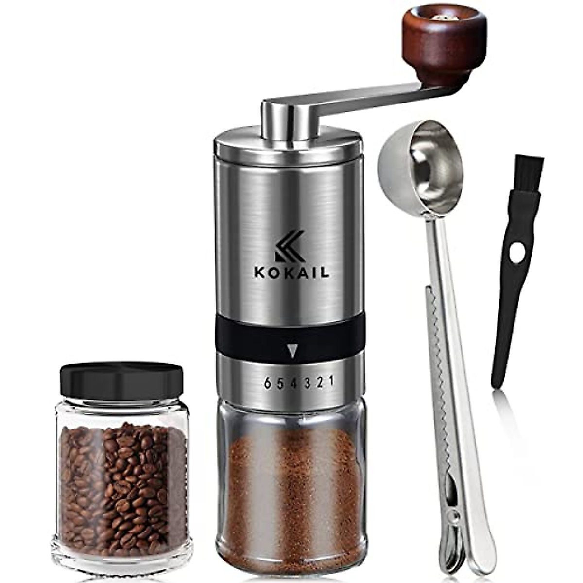 KOKAIL Manual Coffee Grinder | Hand Coffee Grinder with Crank Handle Wood Knob having 6 Adjustable Grind Settings, Includes Extra Glass Jar, Velvet Storage Bag, Spoon & Cleaning Brush