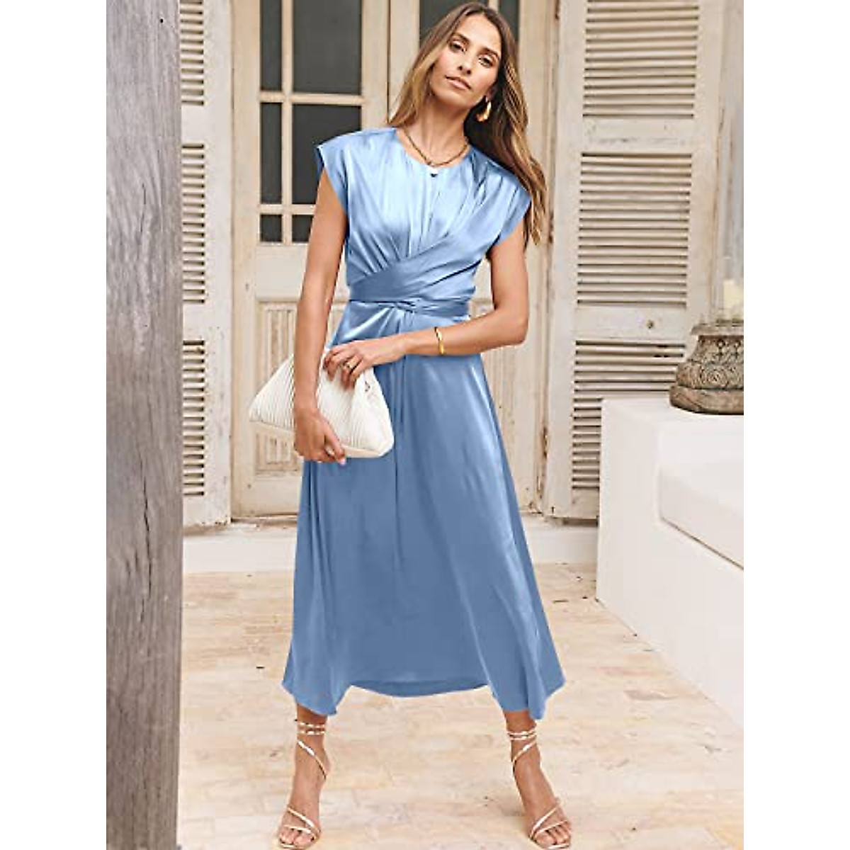 ANRABESS Women's 2023 Formal Dress for Women Summer Maxi Elegant Satin Cocktail Dress Sleeveless Wrap A-Line Flowy Midi Wedding Guest Silk Semi Formal Dress 916qianlan-L