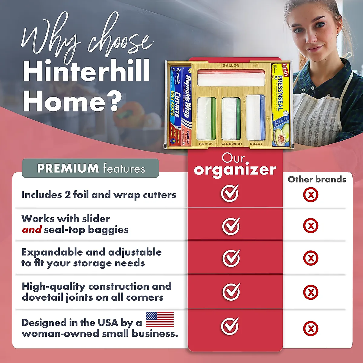 HinterHill Expandable Ziplock Bag Organizer and Kitchen Drawer Organizer, 6-in-1 Plastic Bag Organizer and Foil and Plastic Wrap Organizer with Slide Cutters, Ziplock Organizer with Two Wrap Cutters