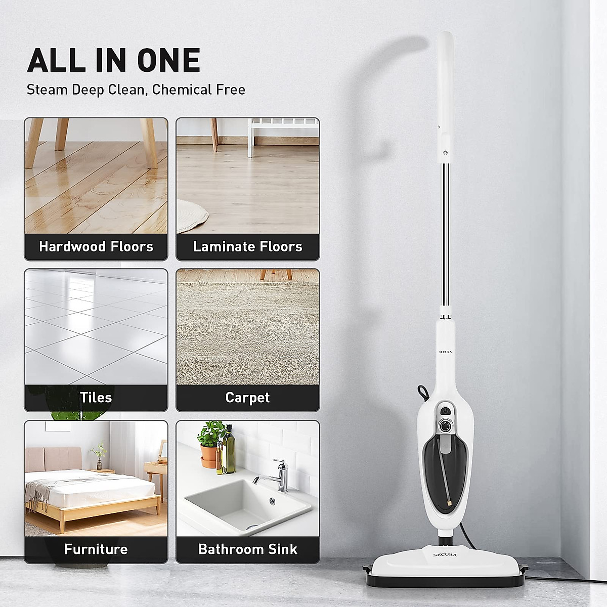 Secura Steam Mop 10-in-1 Convenient Detachable Steam Cleaner, White Multifunctional Cleaning Machine Floor Steamer with 3 Microfiber Mop Pads