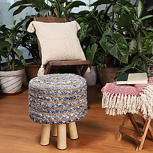 REDEARTH · Foot Stool -Handmade Wooden 4 Legs Jute and Denim Seat Footrest for Living Room, Bedroom, Nursery, kidsroom, Patio, Gym; 50% Cotton 50% Jute (16"x14"x14"; Levi Charm Denim Blue)